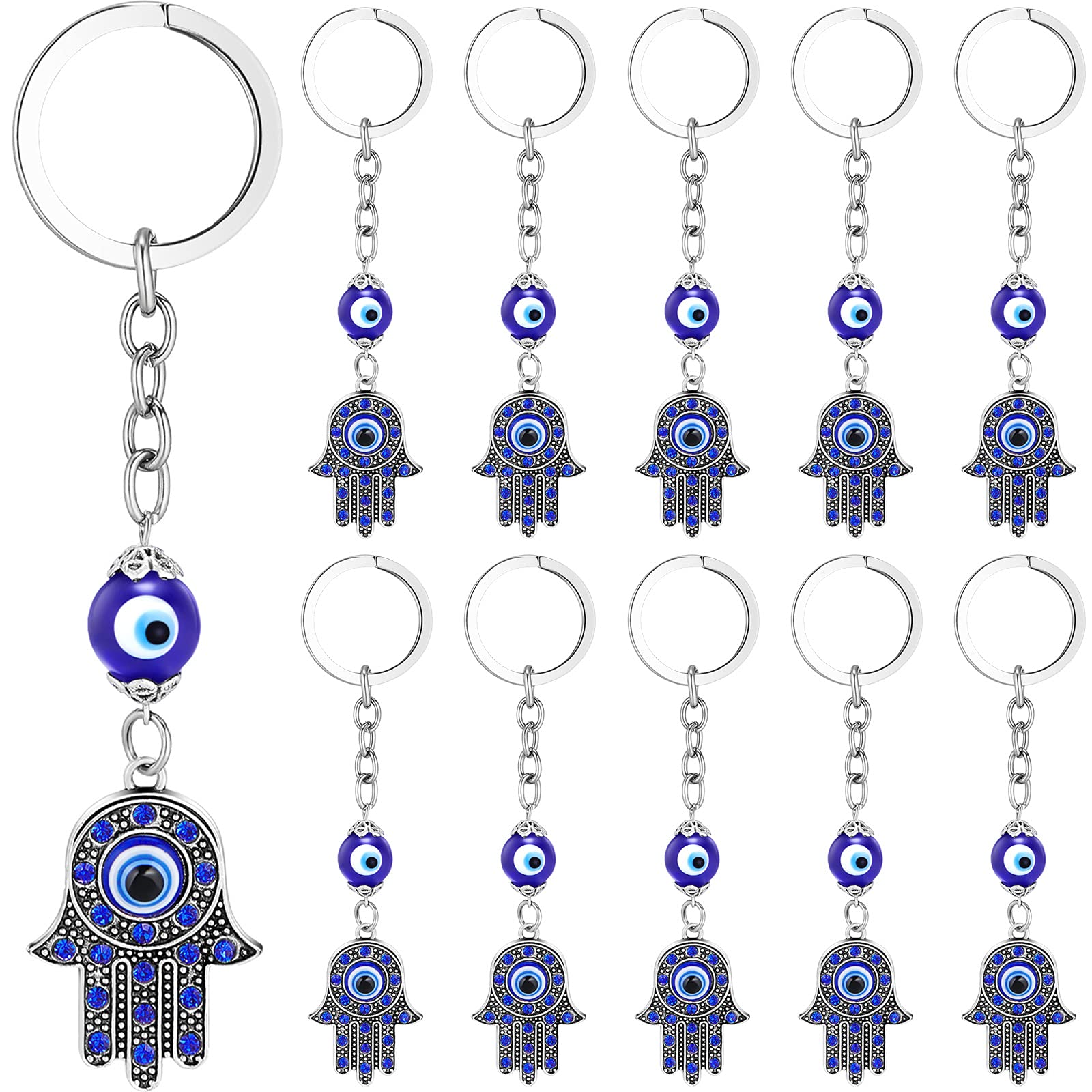 10 Pieces Hamsa Hand Keychain Evil Eye Silver Keychain Fatima Protection Charms Blue Good Luck Key Holder for Attaching to Keys and Bags (10 Pieces)