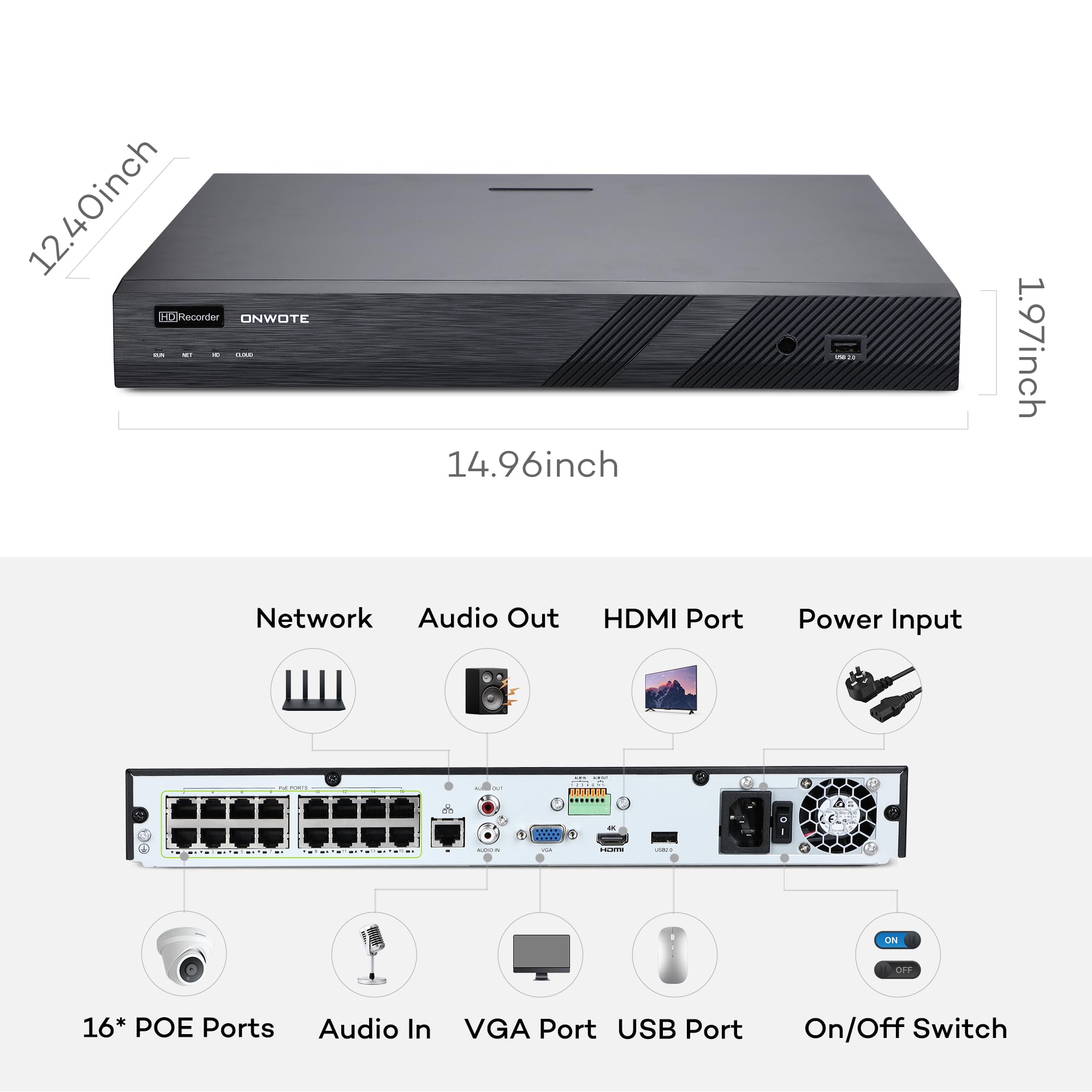 ONWOTE 16 Channel 4K PoE Security NVR Video Audio Recorder, Support 8MP 5MP 4MP 1080P, 16CH NVR with NO Hard Drive, Support up to 20TB with 2 Storage Bays, 16-CH Simultaneous Playback