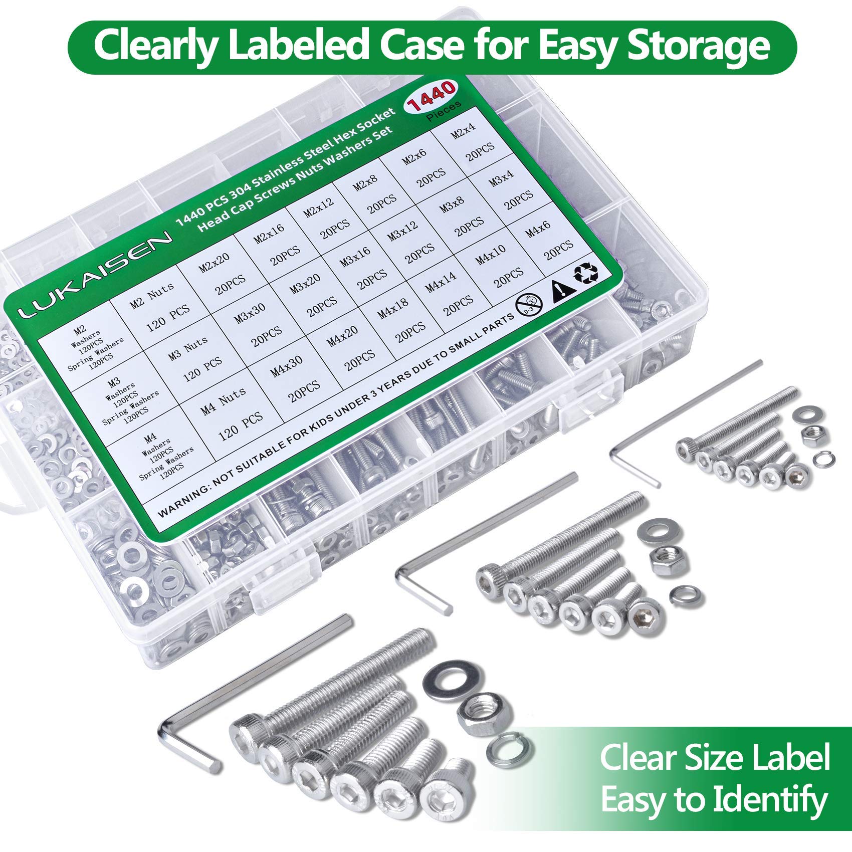 Screws and Nuts, 1440PCS M2 M3 M4 Metric Screw Assortment, 304 Stainless Steel Metric Bolts and Nuts Assortment Kit, Hex Socket Head Cap Flat Lock Washers Bolts Assortment Kit with 3 Wrenches