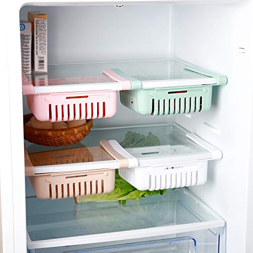 4PCS Fridge Drawer Organizer, Retractable Pull-Out Fridge Shelf Holder Storage Box Home Kitchen Space Saver Under Shelf Fridge Organizer Box for Fridge Shelf Under 0.5"