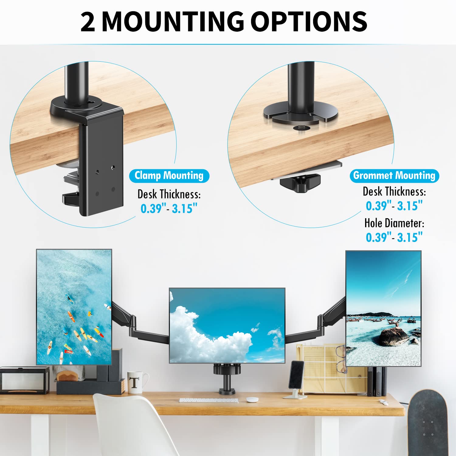 MOUNTUP Triple Monitor Desk Mount& Single Monitor Stand Fully Adjustable Bundle for Computer Screen up to 27 inch, Holds up to 17.6lbs