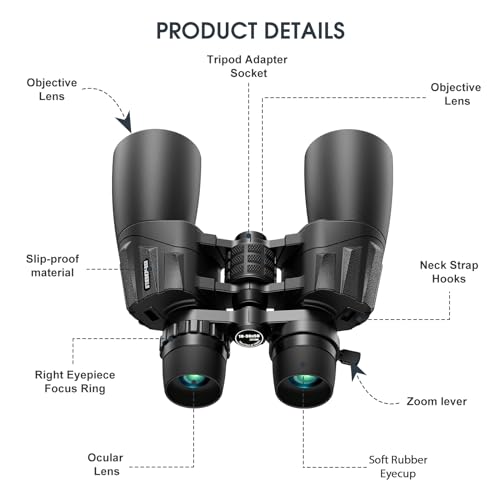 10-30x50 Zoom Binoculars for Adults, High Powered Military Binoculars for Bird Watching Traveling Hunting Concerts with Large View,BAK4,FMC Lens,Clear Low Light Vision at Night