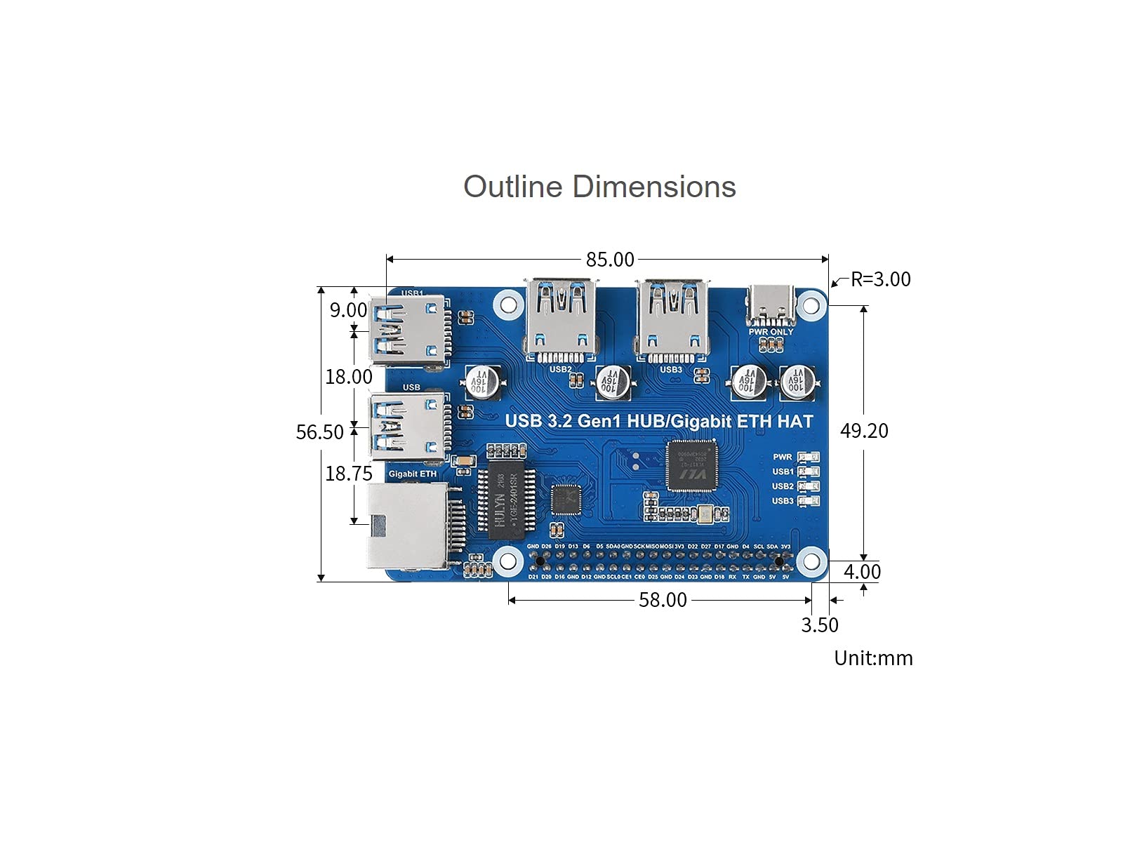 waveshare USB 3.2 Gen1 and Gigabit Ethernet HUB HAT for Raspberry Pi 4 B 3 B+ 3 B 2B Zero Zero 2 W Zero WH,3X USB 3.2 Gen1 Ports, 1x Gigabit Ethernet Port,Compatible with USB 3.0/2.0/1.1