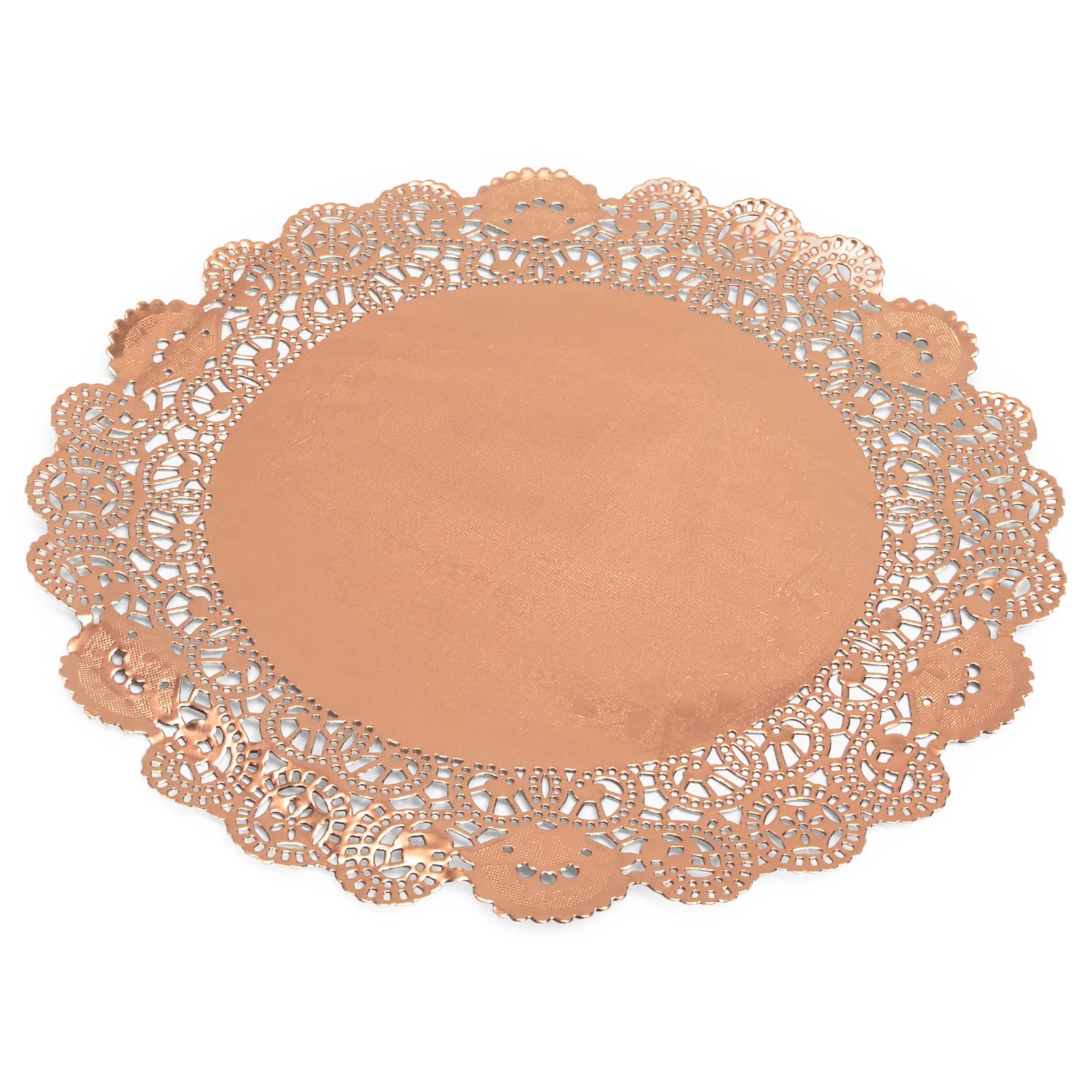 100 Pack Round Lace Paper Doilies, 12 Inch Rose Gold Placemats for Desserts, Cakes, Pastries, Table Decorations