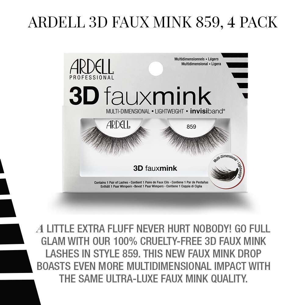 Ardell False Eyelashes 3D Faux Mink Lashes 859 - Lightweight Reusable Strip Lashes with Invisiband, Ultra-Fluffy Volume for a Natural Glam Look, 4 Pairs