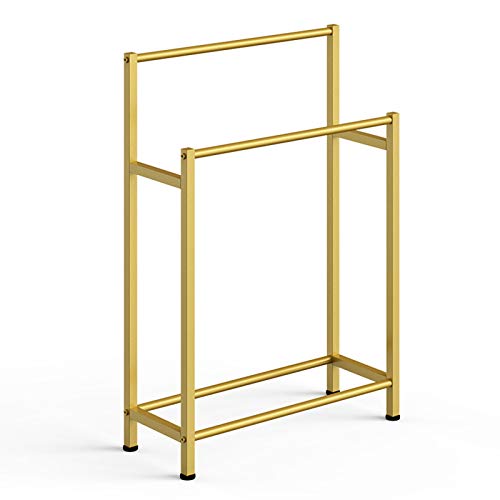 Free Standing Towel Holder Gold Towel Rack for Bathrooms with 2 Towel Rails Metal Floor Clothes Stand with Rust-Resistant Finish to Hang Towels Clothing and More