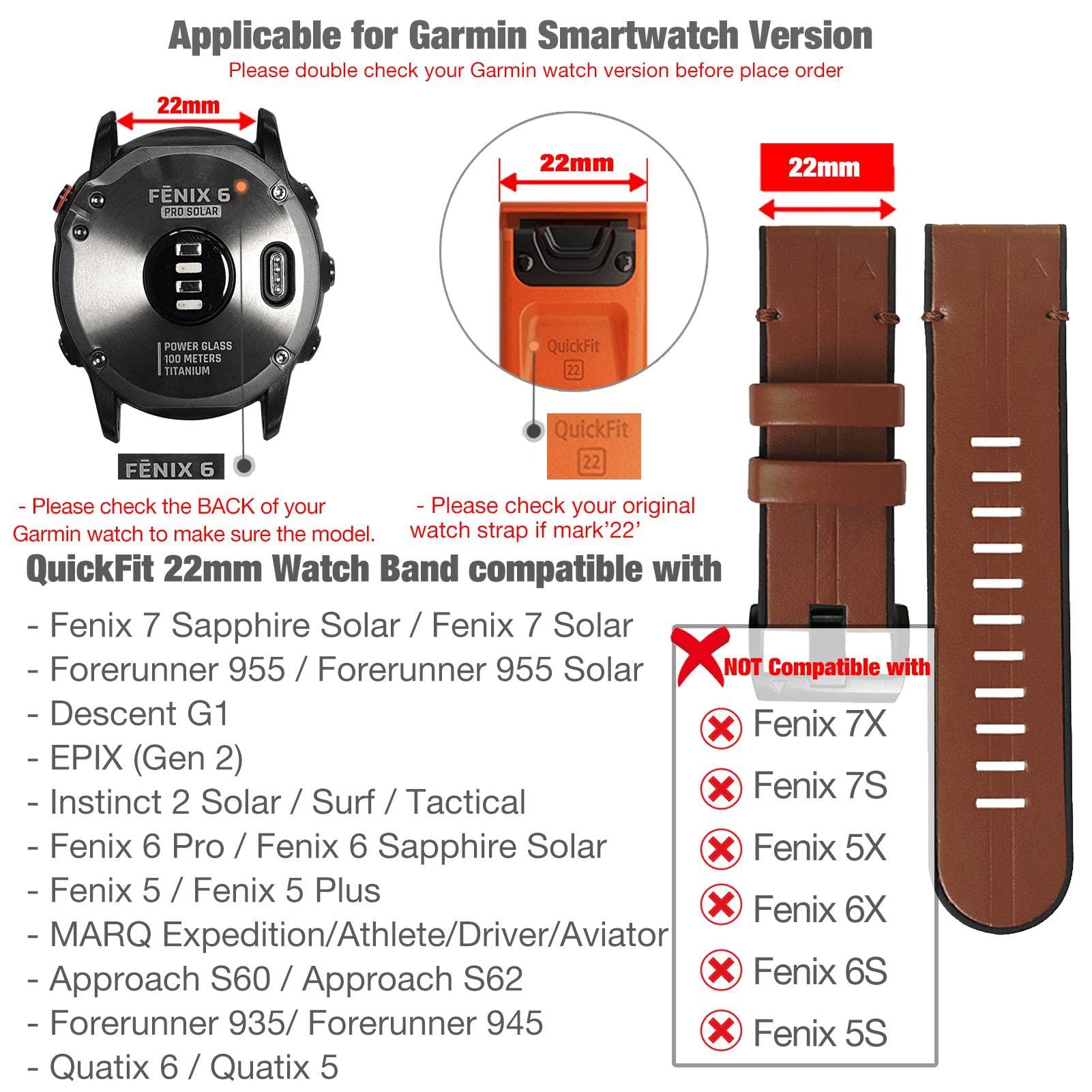 Abanen Genuine Leather Watch Band, QuickFit 22mm, Soft Sweatproof Silicone for Garmin Fenix 6/5/7, Instinct, EPIX 2, Approach S62/S60, Brown