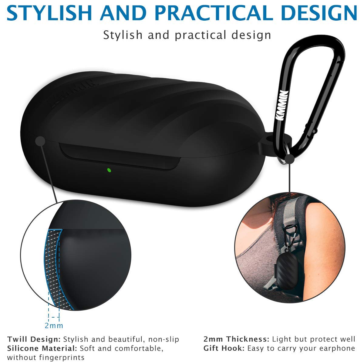 Galaxy Buds Plus 2020/Galaxy Buds 2019 Case, KMMIN Full-Body Shock Protective Samsung Buds Silicone Cover with 5-in-1 Accessories Storage Bag/Carabiner/Lanyard/Brush [Front LED Visible], Black