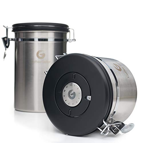 Coffee Gator Coffee Canister Duo Stainless Steel Coffee Container - Fresher Beans and Grounds for Longer - Date-Tracker, CO2-Release Valve and Measuring Scoop - Large & Small, Silver