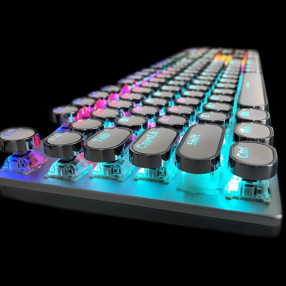 CHICHEN Mechanical Gaming Keyboard,USB Wired,Retro Steampunk Typewriter Keyboard Round Keycaps,Moveable Wrist Rest,for Laptop Desktop PC (Silver-Blue Switches)