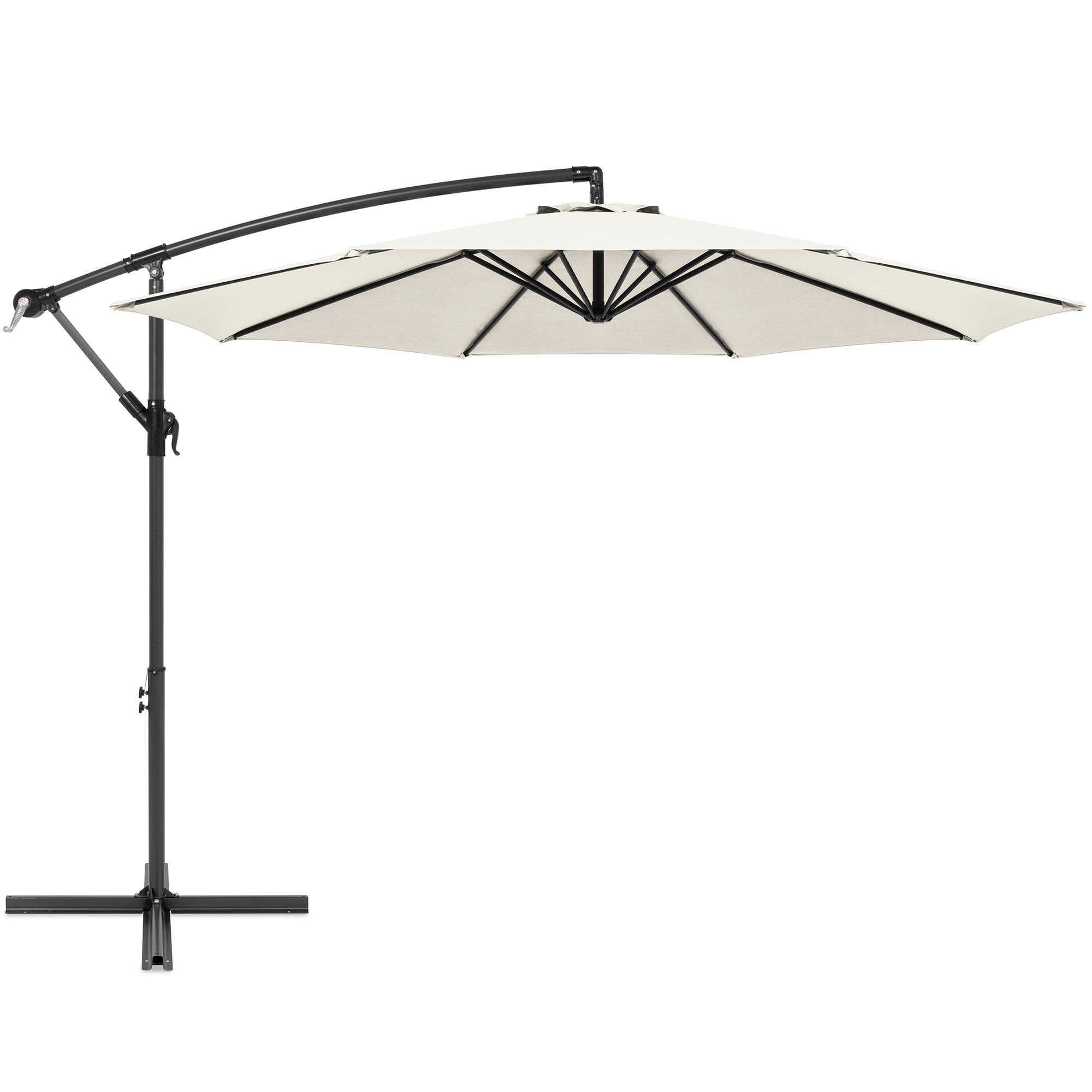 10FT Hanging Umbrella Patio Sun Shade Offset Outdoor Backyard Adjustable Durable Umbrella, with Cross Base Included (Rice White)