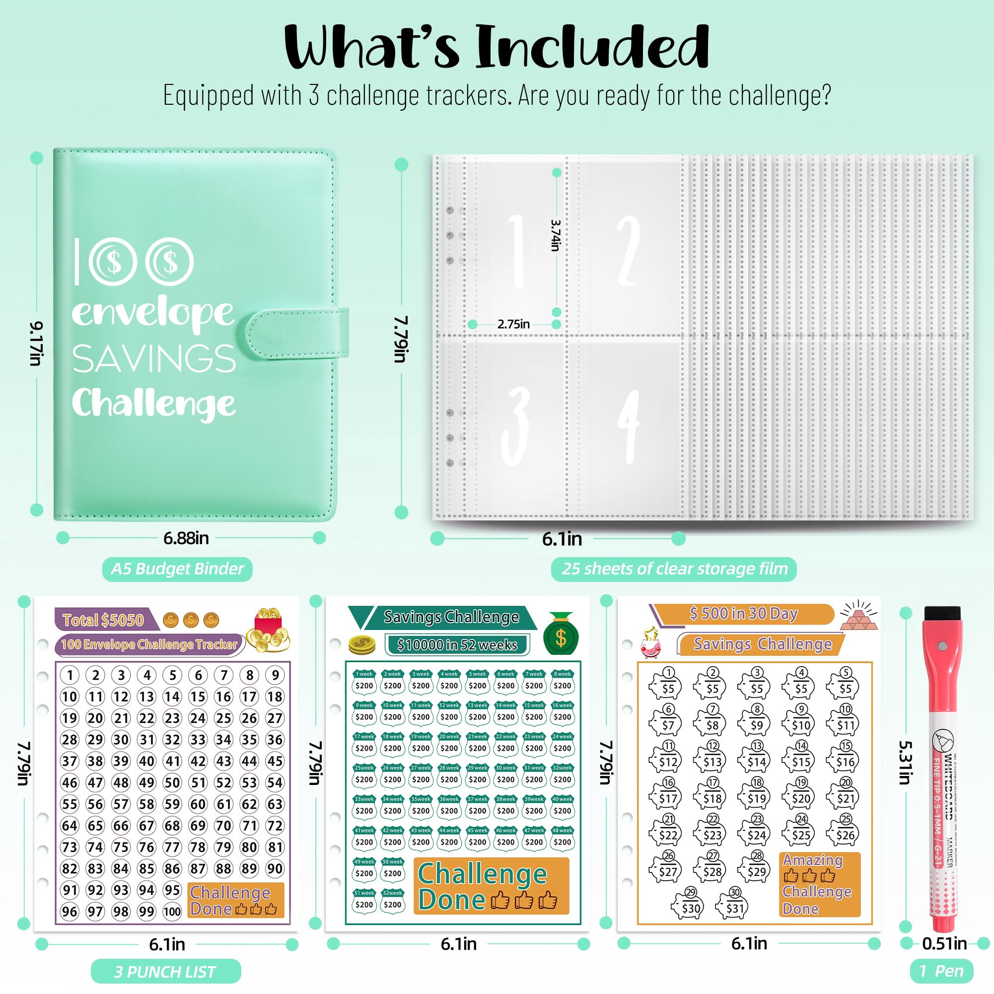 100 Envelopes Money Saving Budget Binder with Cash Envelopes, A5 Savings Challenges Book with Envelopes Erasable Tracker, Easy and Fun Way to Save $500 $5050 $10000 (Z)