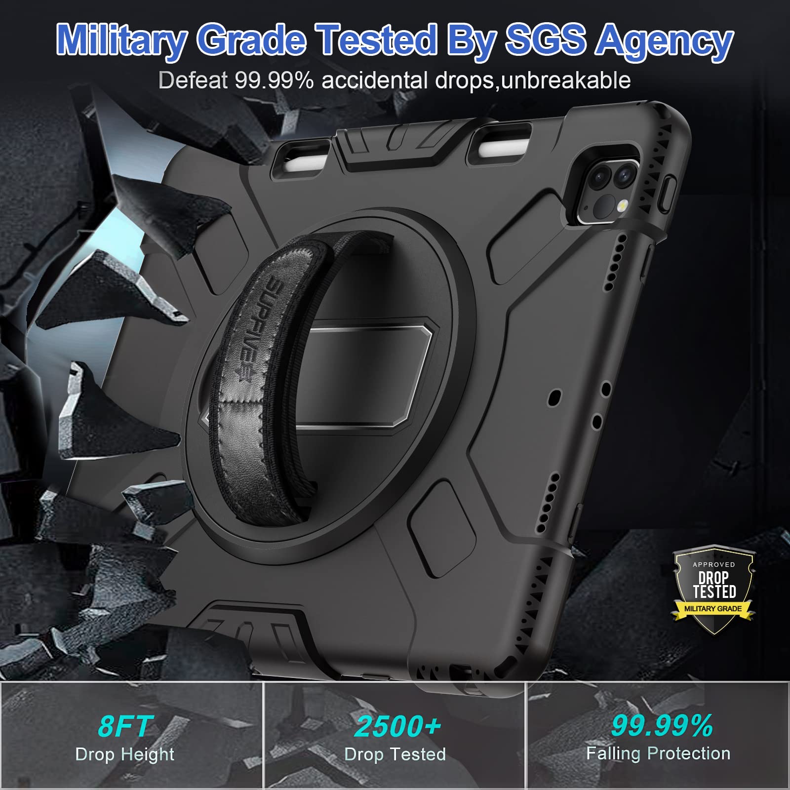 SUPFIVES Case for iPad Pro 12.9 2022 6th Generation: Upgraded Military Grade Shockproof Protective Silicone Cover for iPad 12.9 Inch 5th Gen 2021-Pencil Holder-Handle-Shoulder Strap-Kick Stand-Black