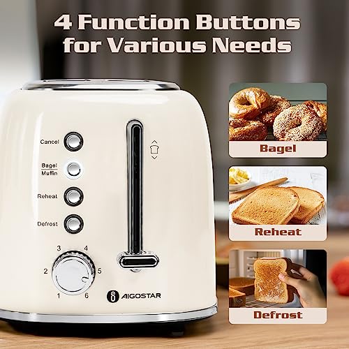 Aigostar Toaster 2 Slice, Retro Extra-Wide Slot Toasters Best Rated Prime for Toasting Bagels, Breads, Waffles & More, Cancel, Defrost & 6 Browning, Removable Crumb Tray, Stainless Steel, Cream White
