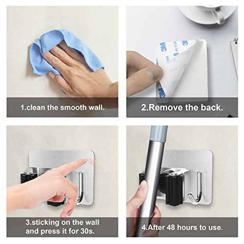3Pcs Mop & Broom Holder Wall Mount, Broom Holder Self Adhesive Mop Rack Broom Hanger Heavy Duty Broom Storage Tool Organizer for Kitchen, Garage, Garden, Bathroom, Basement, Storage Room