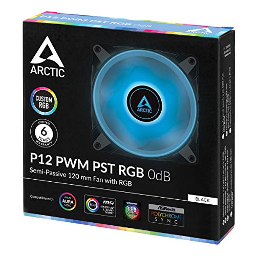 ARCTIC P12 PWM PST RGB - PC Fan, 120mm PWM Case Fan Optimized for Static Pressure, Semi-Passive: 200β2000 RPM (0 RPM <5%), 12V 4 pin RGB LED, Single Fan - Black