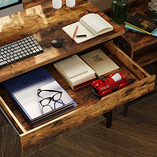 Rolanstar Computer Desk with Shelves and Drawer, 39" Home Office Writing Desk, Laptop Study Table Workstation, Retro Industrial Design, Stable Metal Frame, Rustic Brown