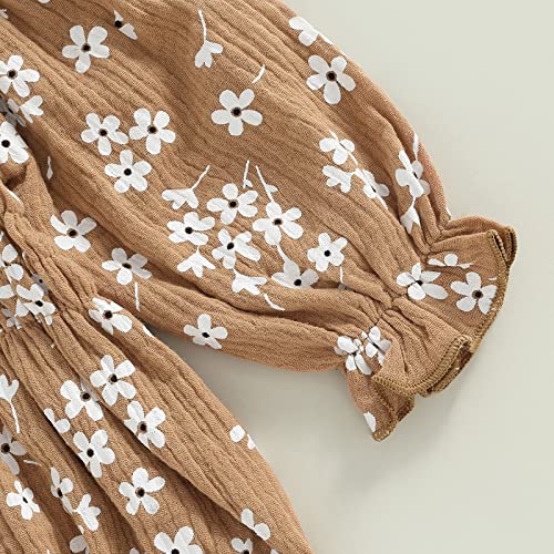 2pcs Infant Baby Girls Romper Headband 0-24M Ruffles Long Sleeve Off Shoulder Flowers Printed Sweet Jumpsuit (Brown, 0-6 Months)