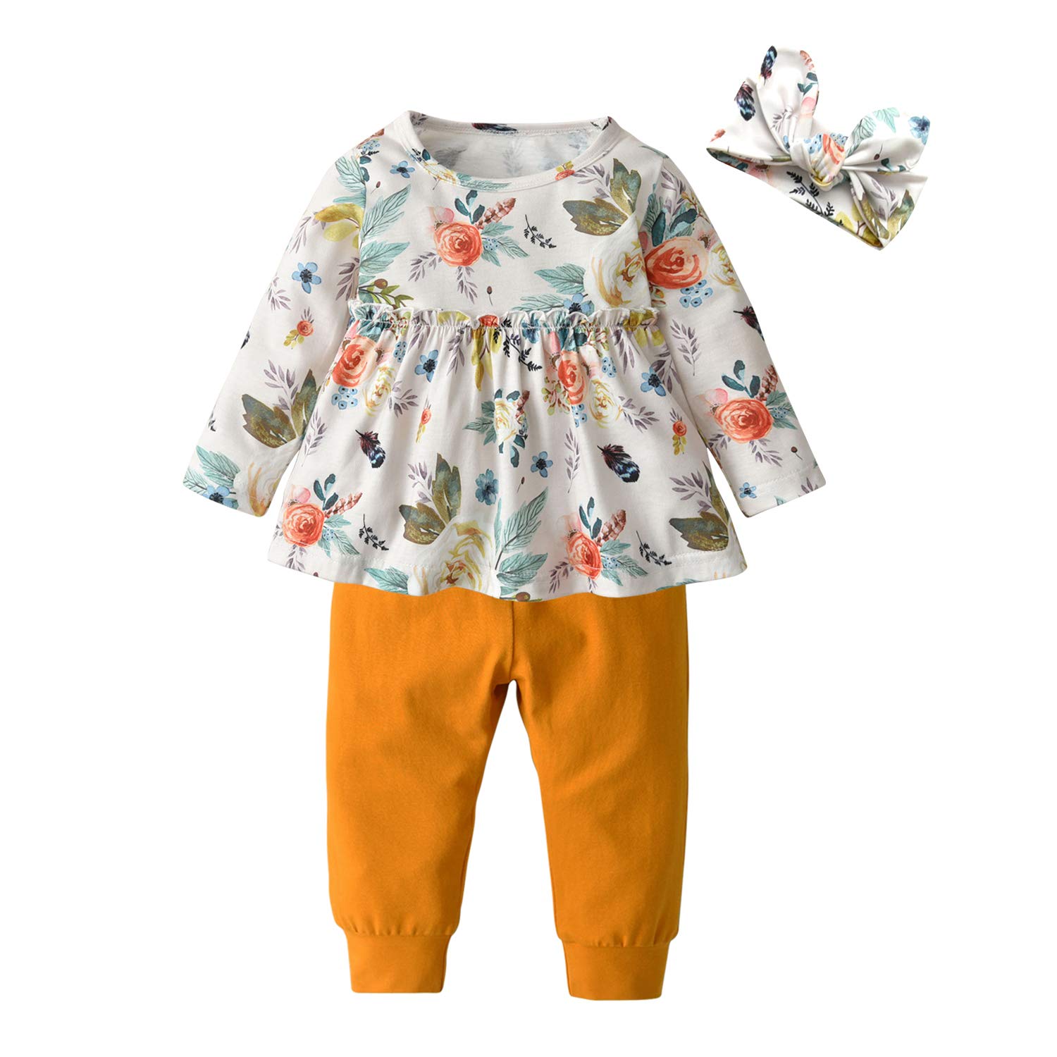 3PCS Baby Girl Clothes Ruffle Floral Shirt Tops Pants Headband Outfit Sets (Yellow, 9-12 Months)