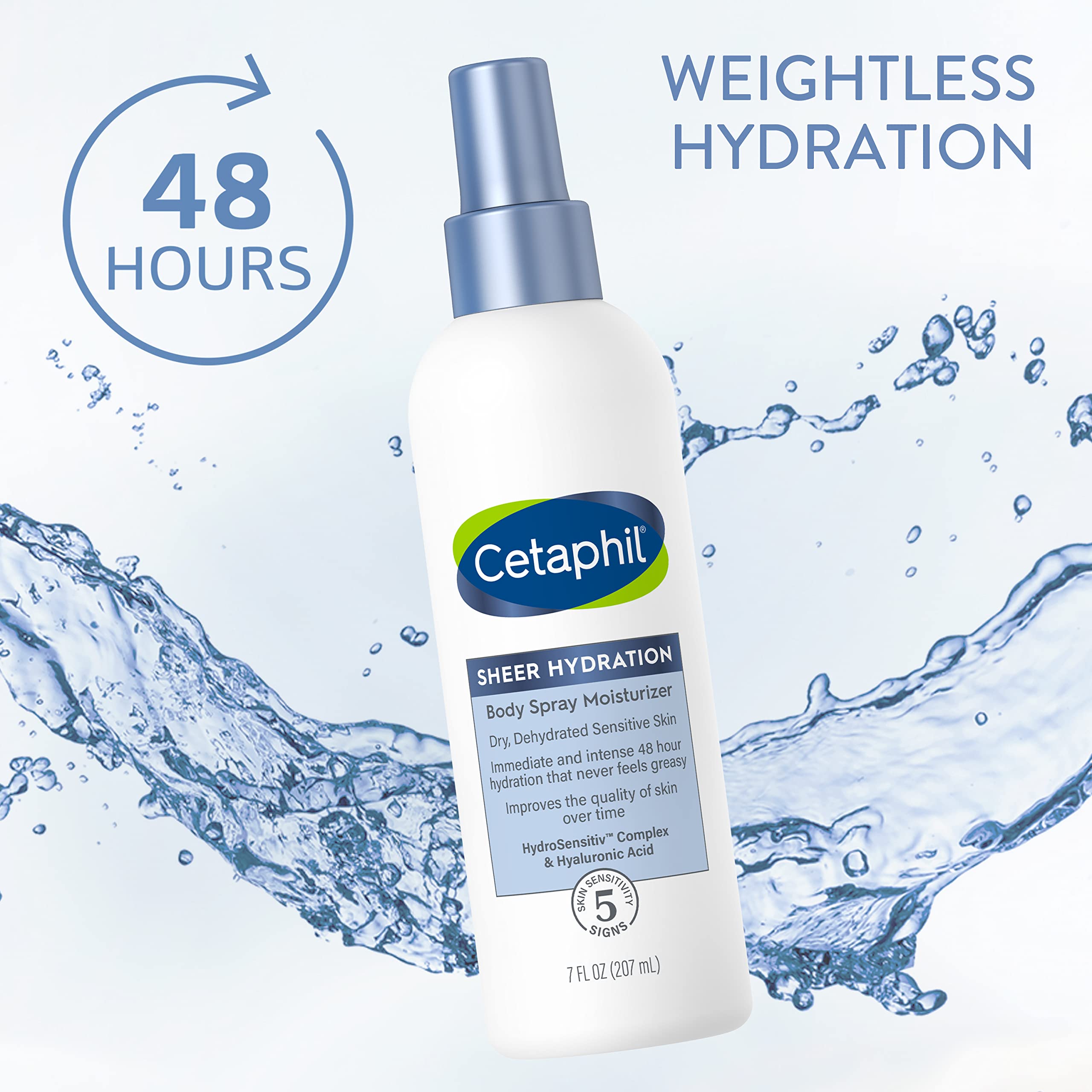 Cetaphil Sheer Hydration Fragrance Free Body Moisturizer Spray, 7 Fl oz, 48Hr Sensitive Skin Spray Body Lotion for Dry Skin, With Hyaluronic Acid, Vitamin E & Vitamin B5