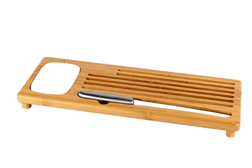 Bamboo Land- Bamboo Sweep Off Baguette Board with Bread Crumb Catcher and Ceramic Dipping Dish, 18β x 7β, Bread Cutting Board with Crumb Catcher, Board for Cutting Bread, Bread Cutter Knife