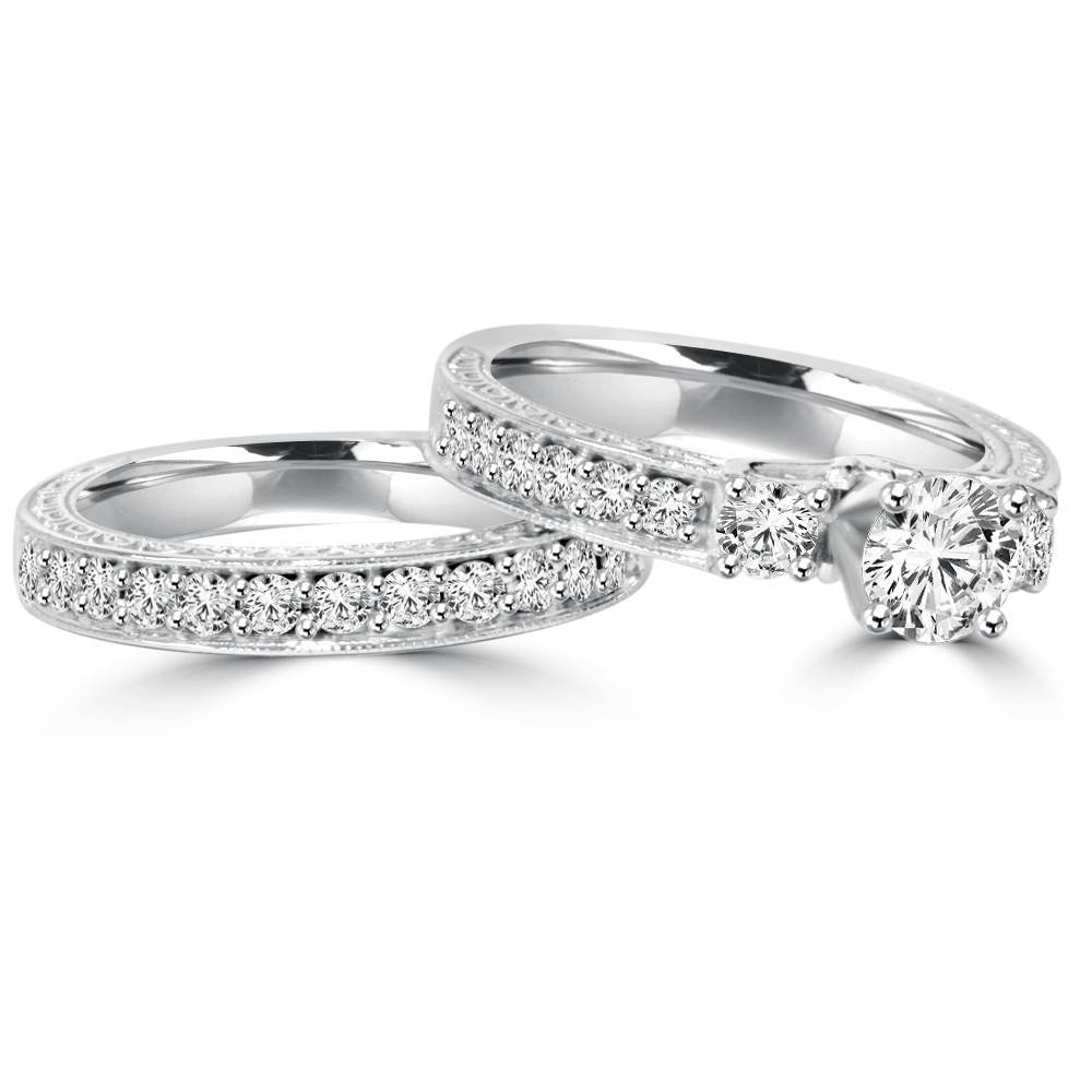 1 1/4Ct Vintage Diamond Engagement Wedding Ring Set 14K White Gold - Size 6.5