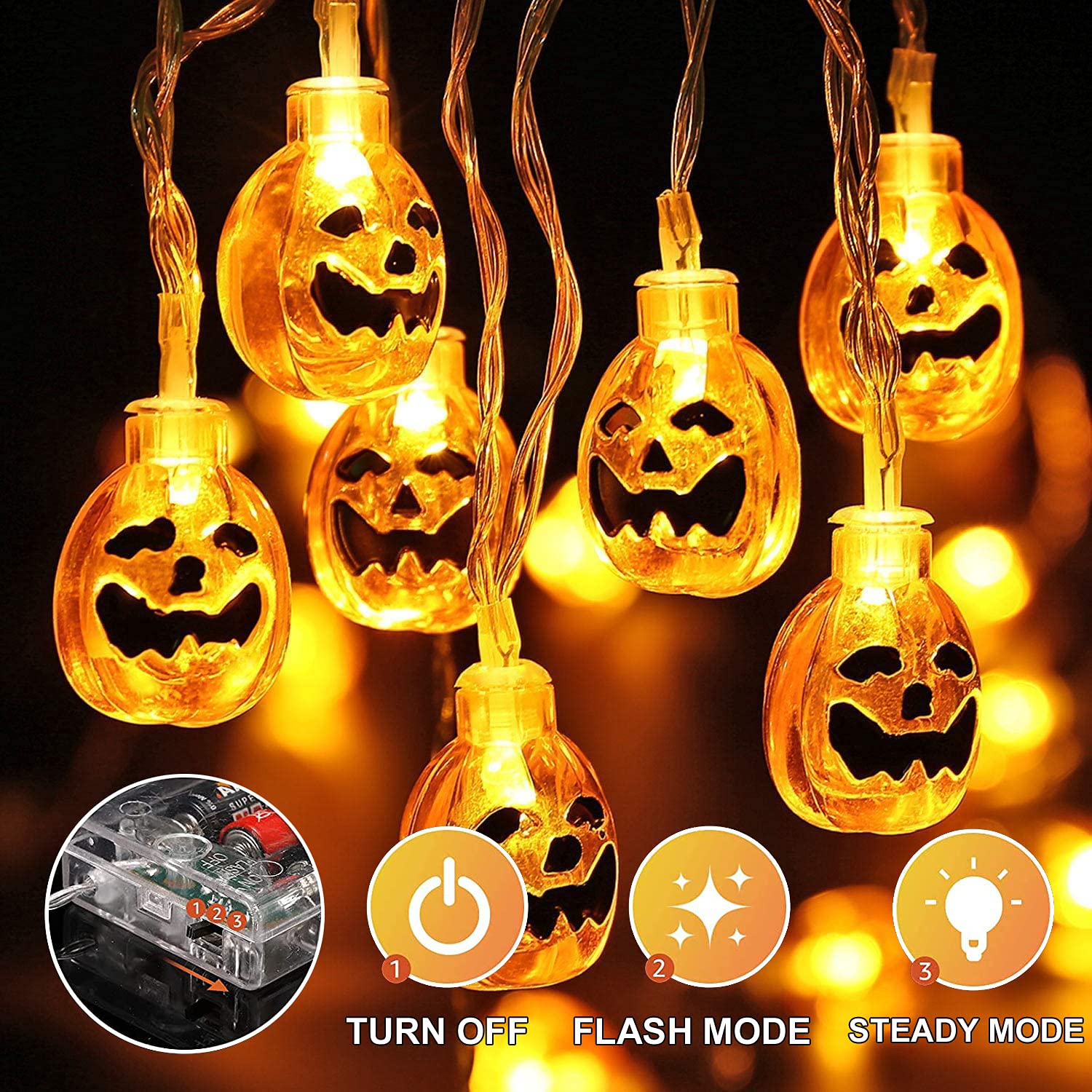 2 Pack Halloween Decoration Pumpkin String Lights, 9.8ft Total 40 LED Battery Operated 3D Halloween Light, Outdoor Decorative Lights for Patio, Garden, Gate, Yard, Halloween Christmas Decoration