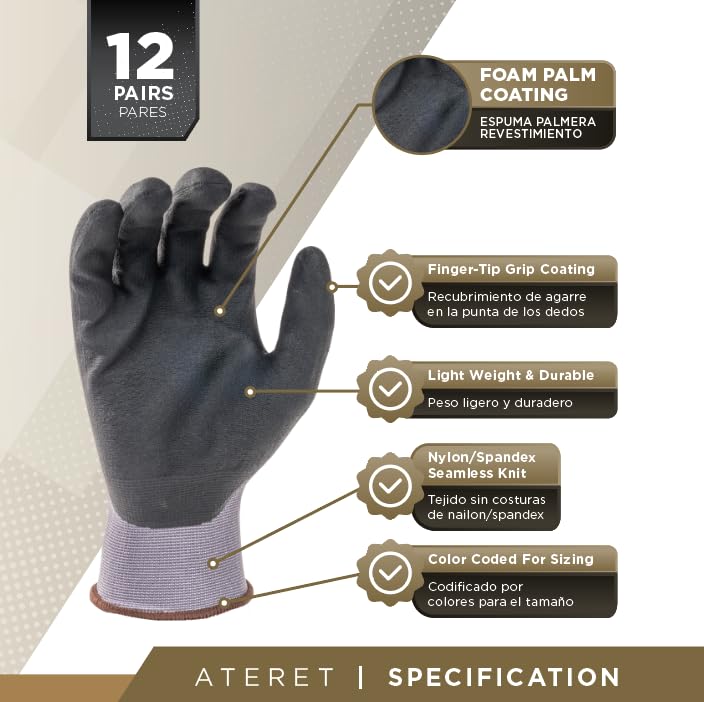 ATERET Palmer Safety 12 Pairs Large Safety Work Gloves I Microfoam Nitrile Coated Gloves I Working Gloves for Construction Warehouse Home Improvement