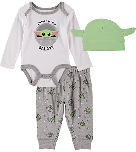 Disney Mandalorian The Child Baby Boys Baby Yoda Clothing 3-Piece Set - Baby Boy Clothes with Bodysuit, Pants, and Hat (White/Grey/Green, 0-3M)'