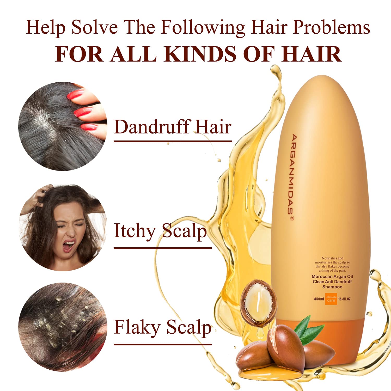 ARGANMIDAS Anti-Dandruff Moisturizing Shampoo for Dry, Flaky and Itchy Scalp - Treats and Prevents Dandruff for Women and Men, 15.3 Fl Oz