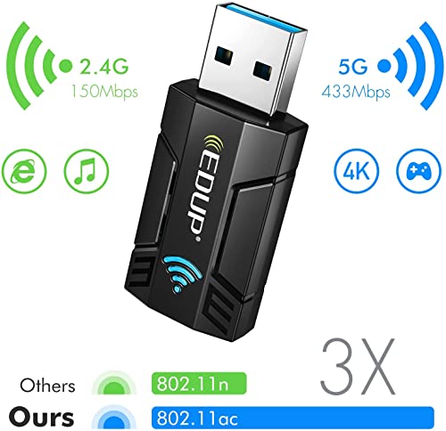 EDUP AC 1300Mbps USB WiFi Adapter for PC USB 3.0 Wireless Dongle, 5Ghz /2.4Ghz Dual Band 802.11ac Network Adapter for Desktop Laptop,Built-in Antenna Supports Windows 10/8/7/XP/Vista/Mac10.6~10.15