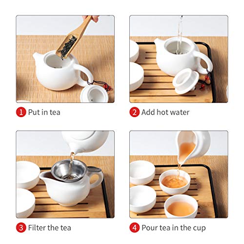 Lyty Chinese Tea Pot Cup Set with Tray Infuser - Travel Ceramic Tea set Porcelain Teapot, Portable All in One Gift Bag for Outdoor Picnic Business Hotel (White)
