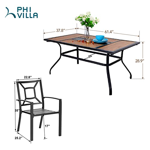 PHI VILLA 7 Piece Outdoor Dining Table Set, 61"x37" Rectangular Dining Table with Wood Top & 1.56β Umbrella Hole and 6 Metal Chairs for Patio, Deck
