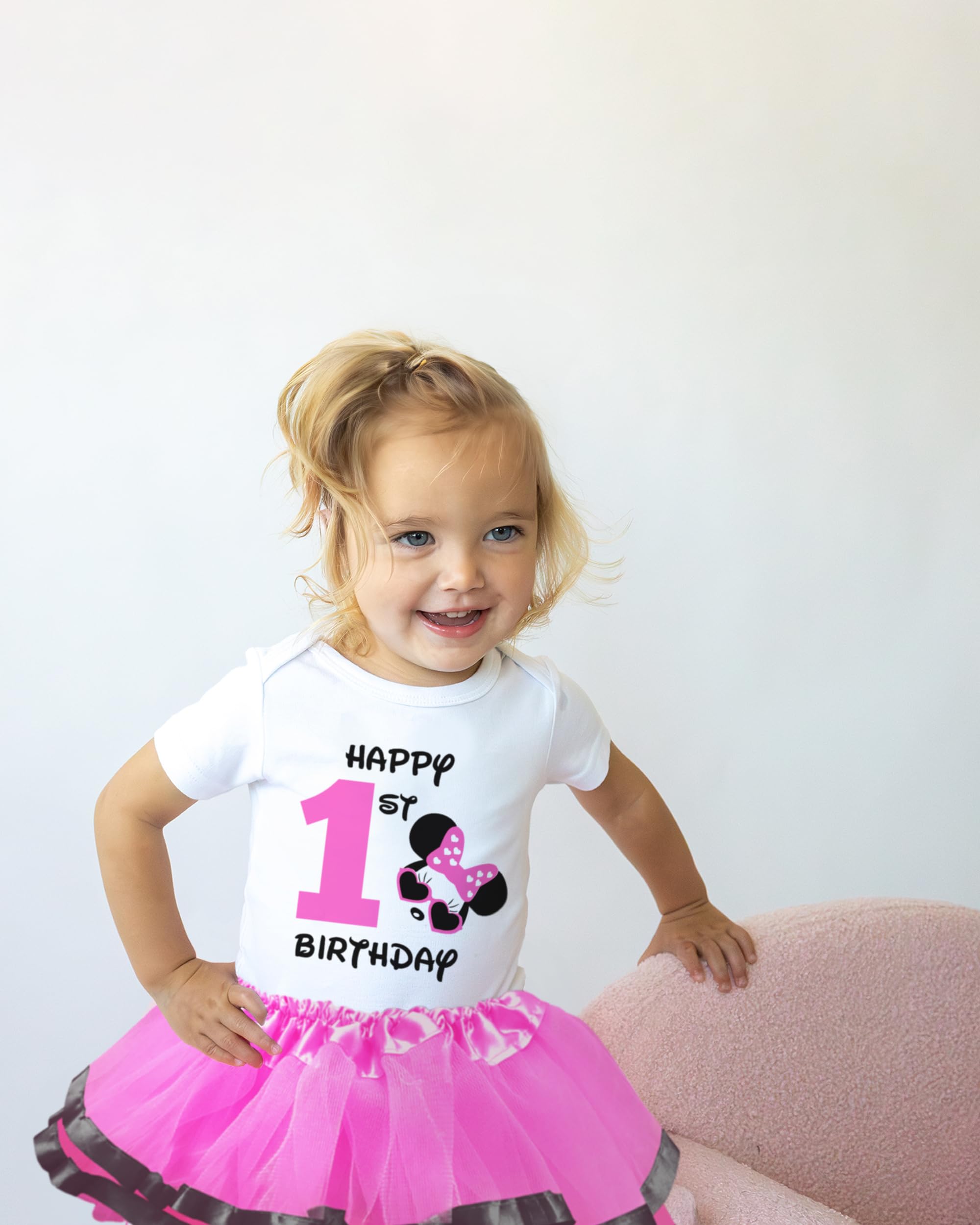 First Birthday Girl Outfit - Mouse Tutu Set (Pink and Black Tutu, 12M Short Sleeves)