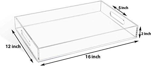 Durable Acrylic Tray Breakfast Serving Tray - 5MM Thick Big Rectangular Waterproof Acrylic Serving Platter with Handles for Coffee, Tea, Food -Elegant Acrylic Decorative Tray (Clear Tray-16''x12'')