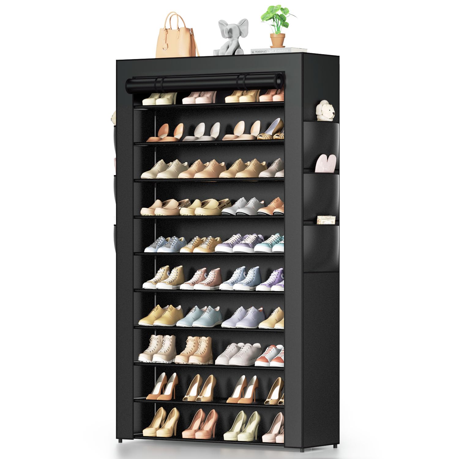 10 Tiers Large Shoe Rack with Covers- Large Capacity 40-50Pairs Shoes Rack Storage Organizer Closed Tall Shoe Rack Organizer with Covers for Closet Entryway Garage, Stackable Tall Shoe Shelf Storage