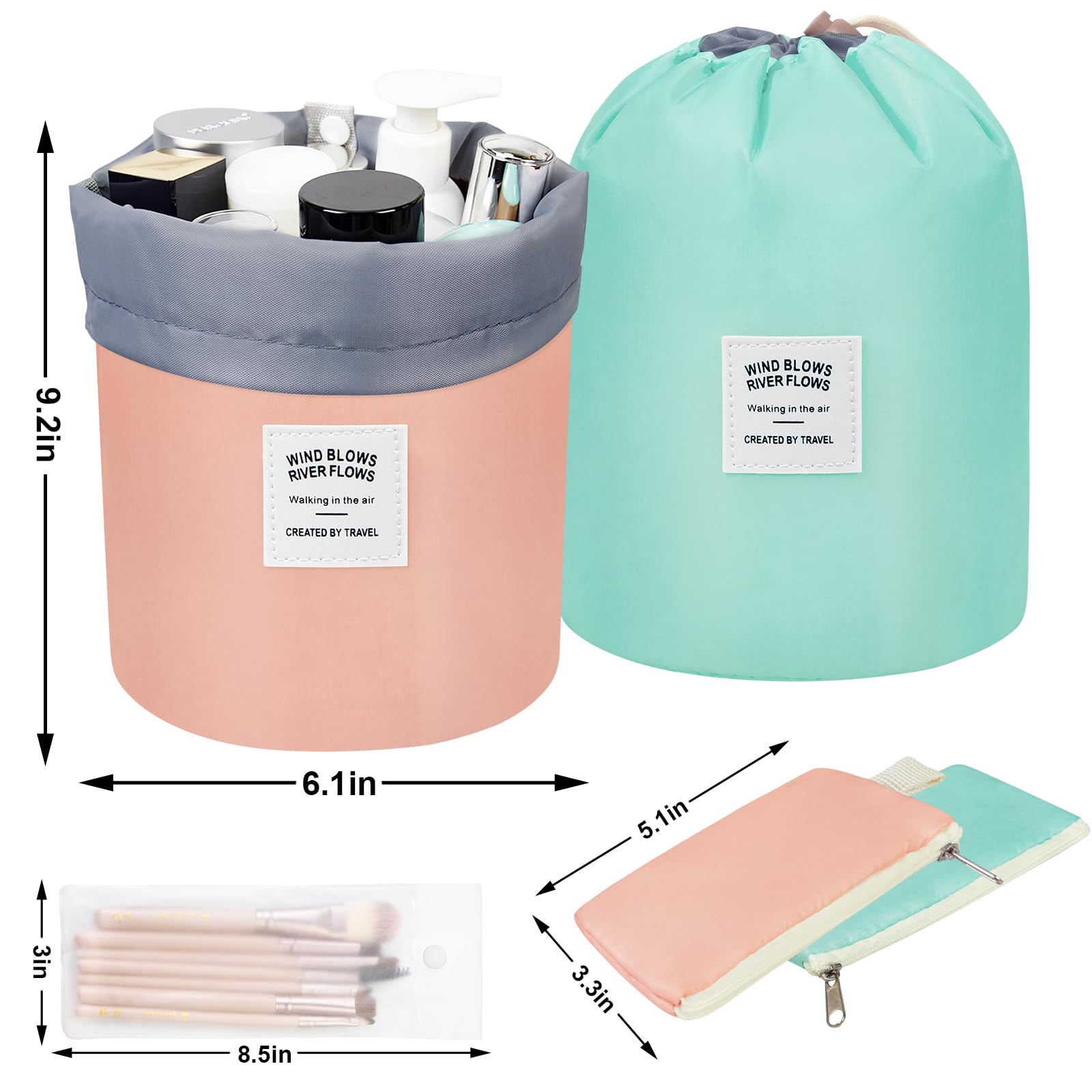 2 Pack Travel Makeup Bags Waterproof Cosmetic Bags Multifunctional Bucket Toiletry Bag Make up Organizer Barrel Cases Kit Storage pocket Soft Collapsible Portable Cosmetic Cases