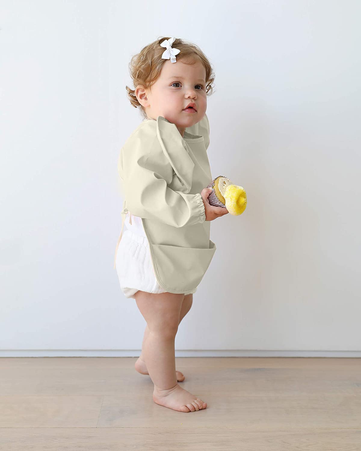 WILLOW + SIM Long Sleeve Baby Bib - Mess-Proof Feeding Bib for Babies 6-24 Months - Antique White