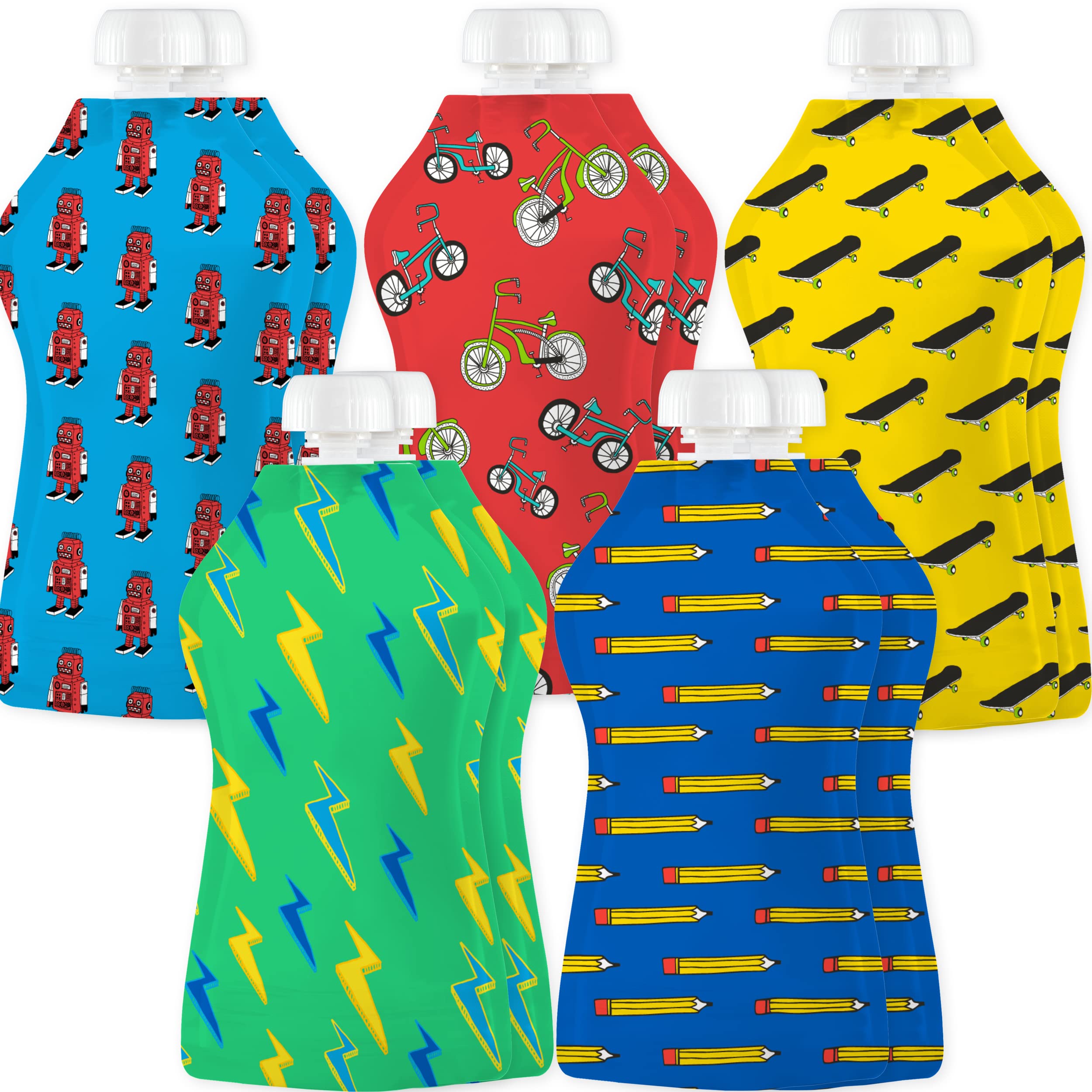Squooshi Reusable Baby Food Pouches - 10 Pack - Baby Food Storage - Pouches Toddler - Refillable Squeeze Pouch for Kids (Robots/Bikes))
