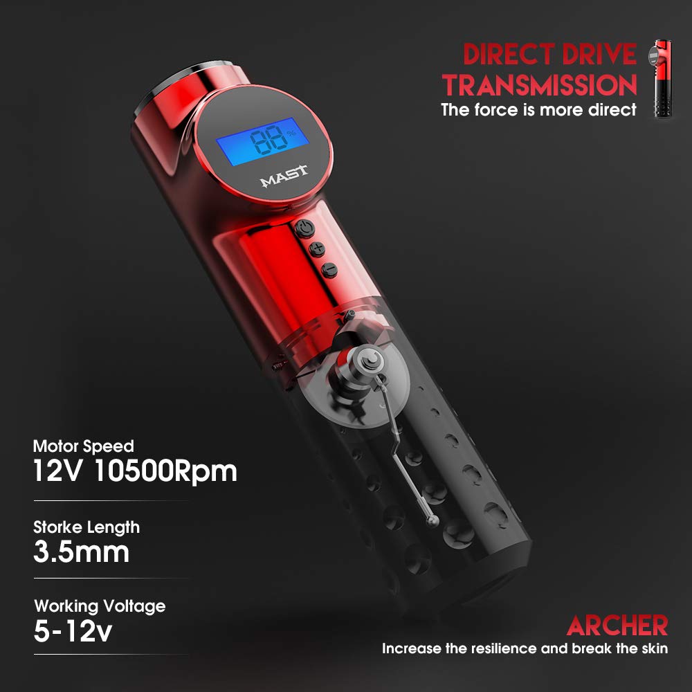 Mast Archer Cordless Tattoo Pen Machine, Rotary Tattoo Gun with Powerful Motor by Mcore, 2,000mAh Battery by Mastlabs for Run Long Time 3.5mm Stroke Black