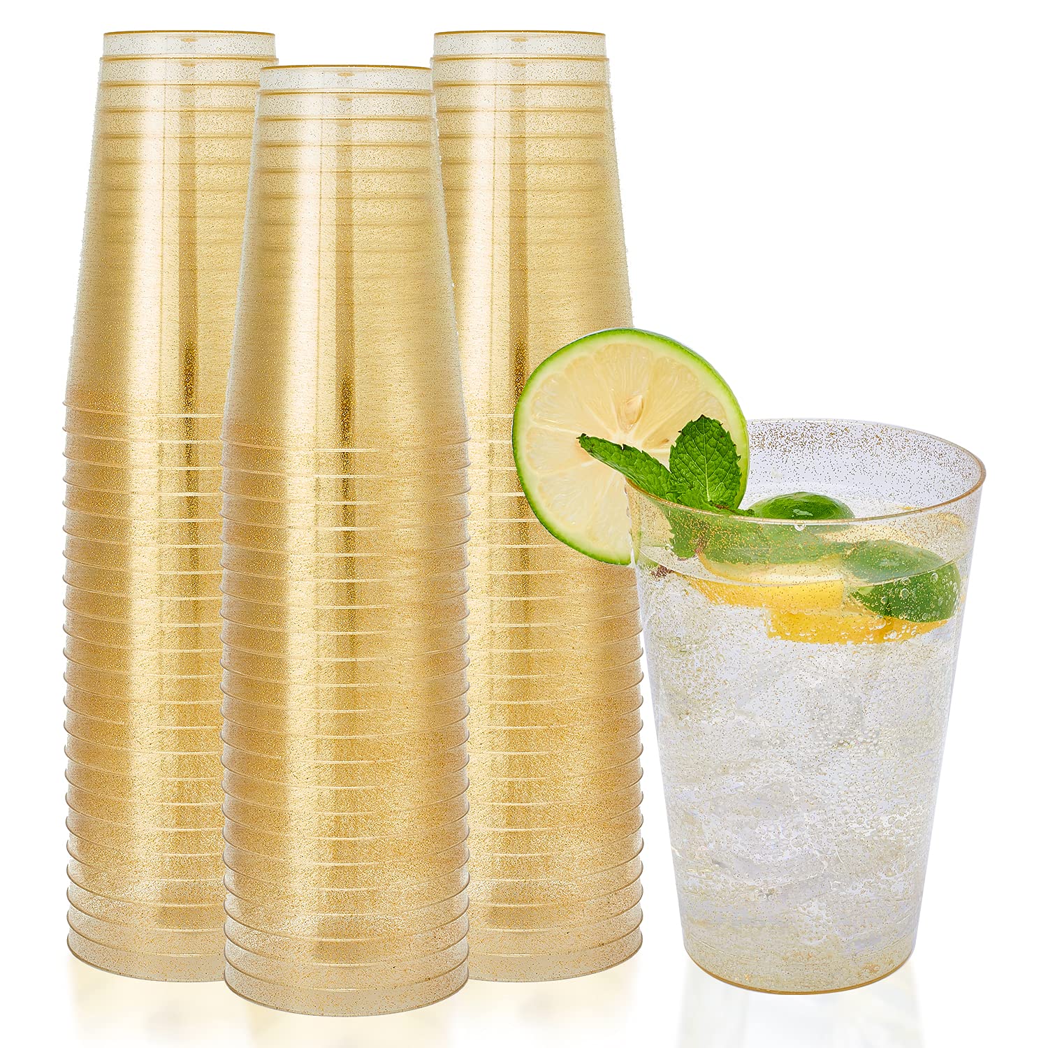 100 Pack 12oz Gold Glitter Plastic Cups, POPOPUL Disposable Cups Heavy Duty Plastic Cups Tumblers, Reusable Clear Hard Plastic Cups for Wedding, Halloween, Thanksgiving, Christmas Party