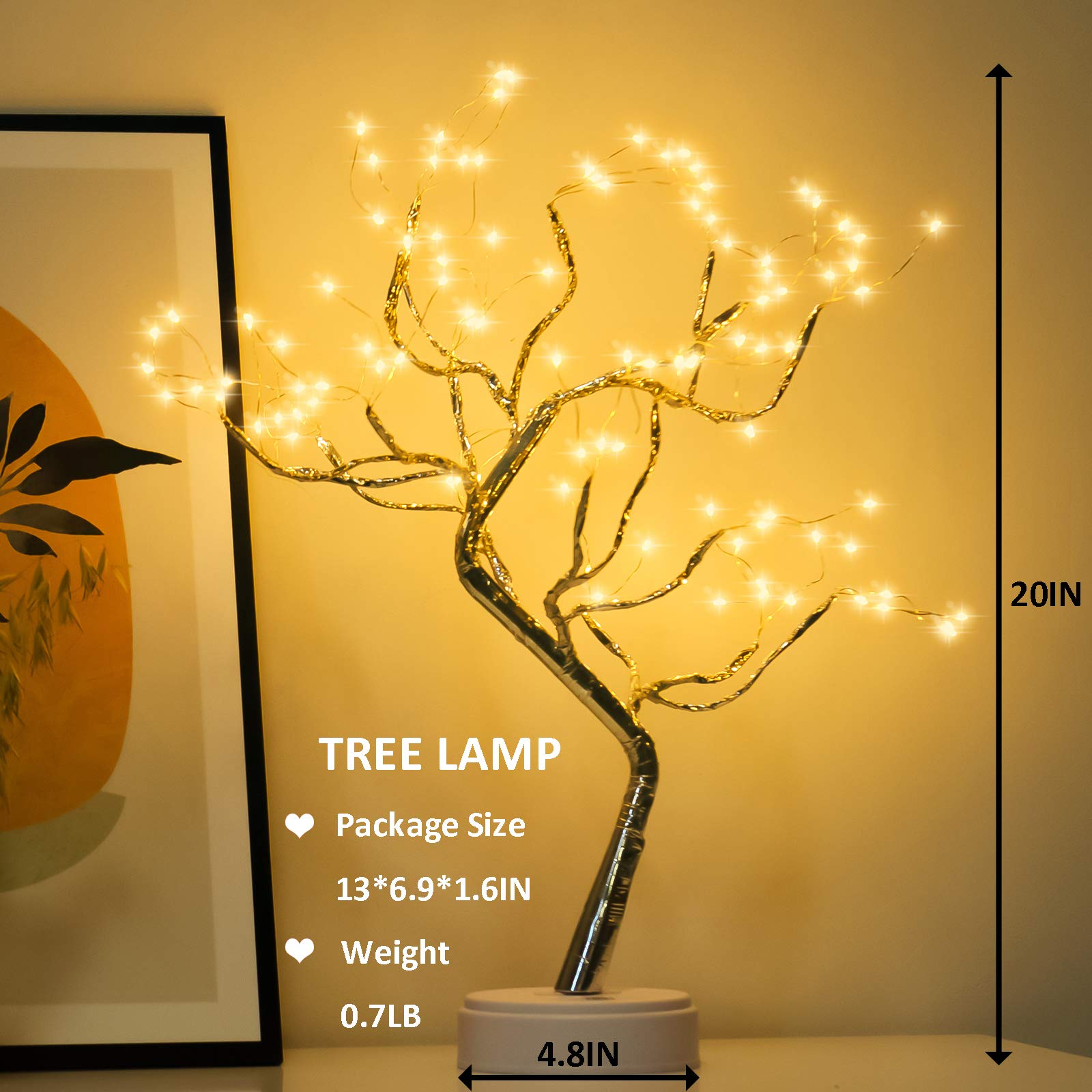 20" Tabletop Bonsai Tree Light with 108 LED Copper Wire String Lights, DIY Artificial Tree Lamp, Battery/USB Operated, for Bedroom Desktop Christmas Party Indoor Decoration Lights (Warm White)