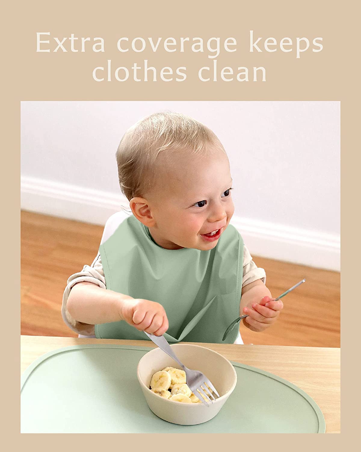 WILLOW + SIM Waterproof Baby Bibs for Baby boy - Better than Silicone & Plastic - Toddler Bibs with Food Catcher - Baby bibs for boys, Feeding bib for Babies and Infants - No Sleeve - Sage