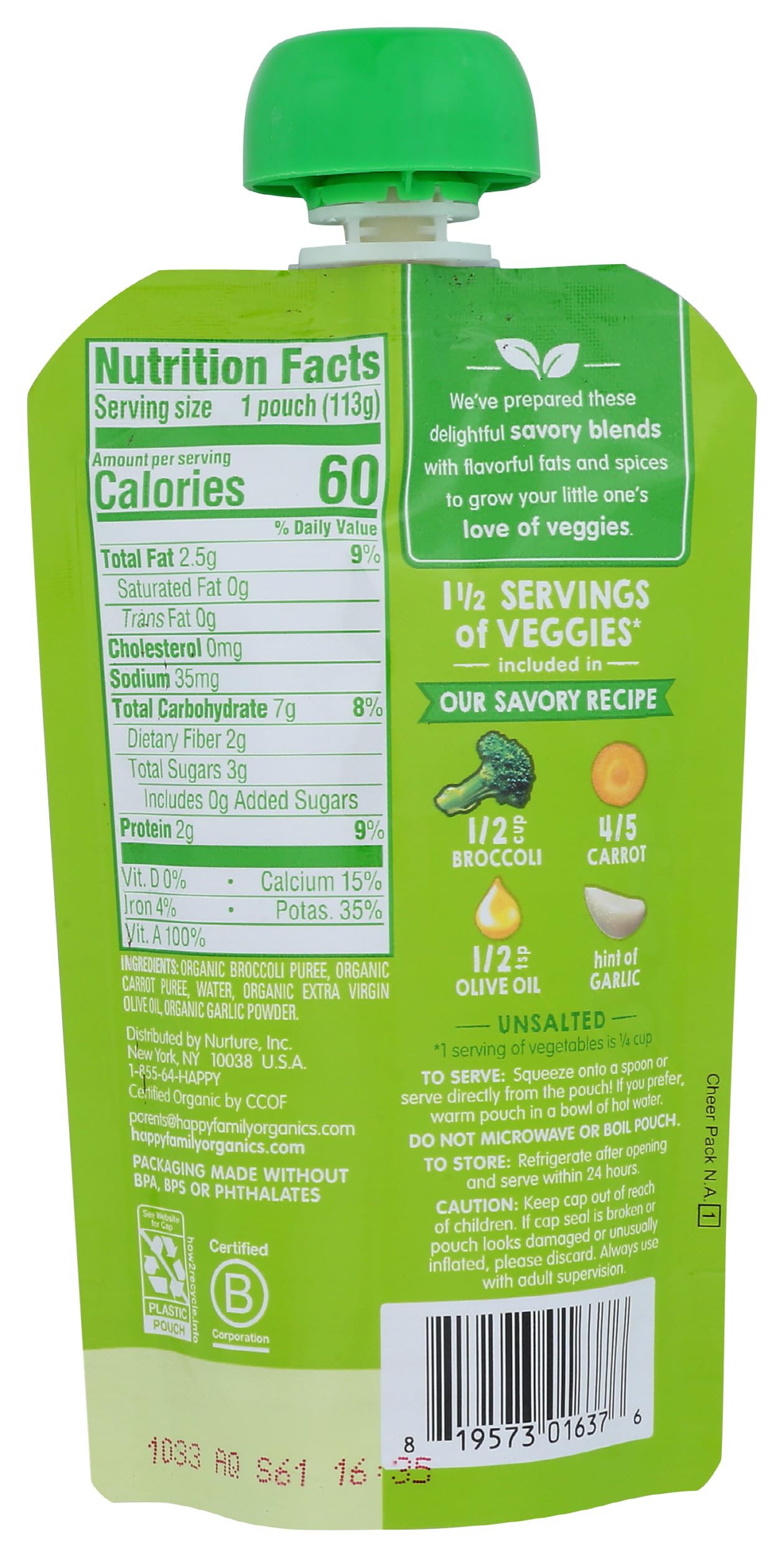 HAPPY BABY Organic Broccoli & Carrots with Olive Oil & Garlic Baby Food, 4 OZ