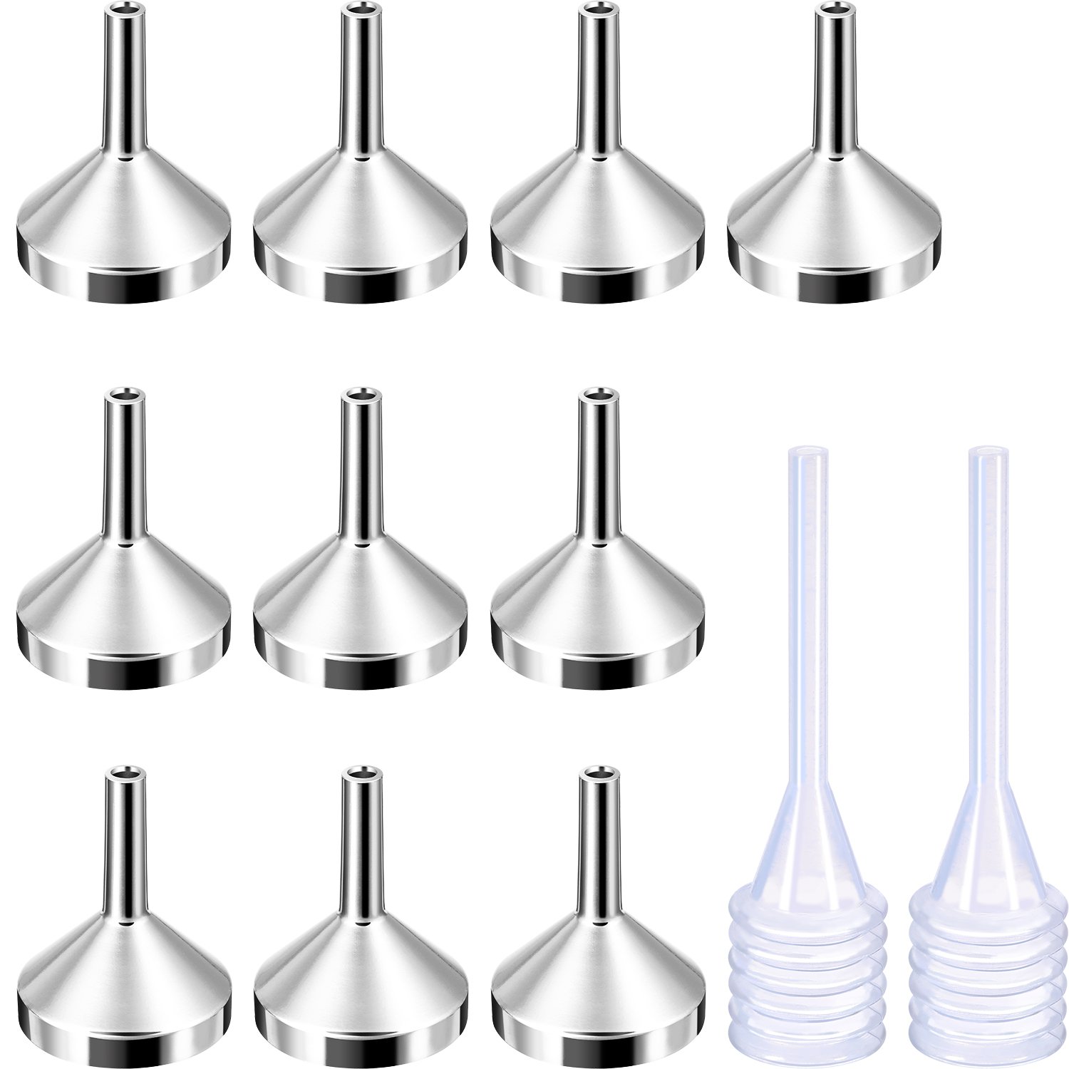 10 Pack Small Metal Funnels with 2 Pack Mini Pipette for Filling Small Mini Bottles or Containers, Atomizers, Perfume, Liquid (Silver)
