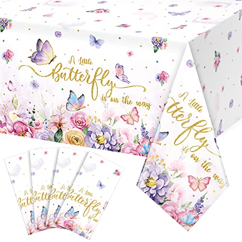 4 Pack Butterfly Baby Shower Tablecloth, Little Butterfly is On The Way Baby Shower Decorations, Plastic Disposable Rectangle Watercolor Butterfly Spring Themed Tablecloth Backdrop Party Decorations