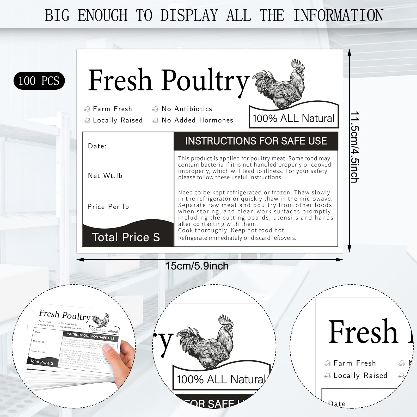 100 Pcs Poultry Freezer Labels 6 x 5 Inch with Safe Handling Instructions Self Stick Turkey Freezer Labels Thanksgiving Day Party Supply