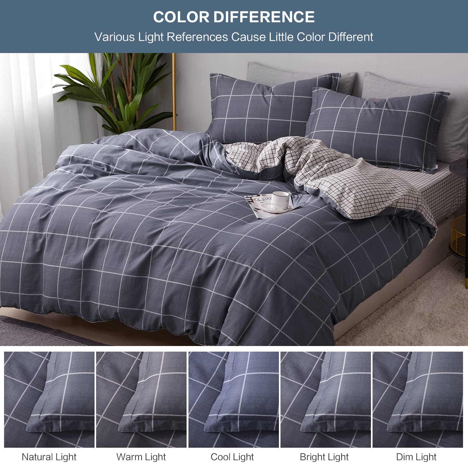 SAPHREAS Gray Plaid Duvet Cover Set Queen Size 3pcs Dark Grey Grey Geometric Grid Cotton Bedding Comforter Cover Set 1 Quilt Cover 2 Pillow Shams