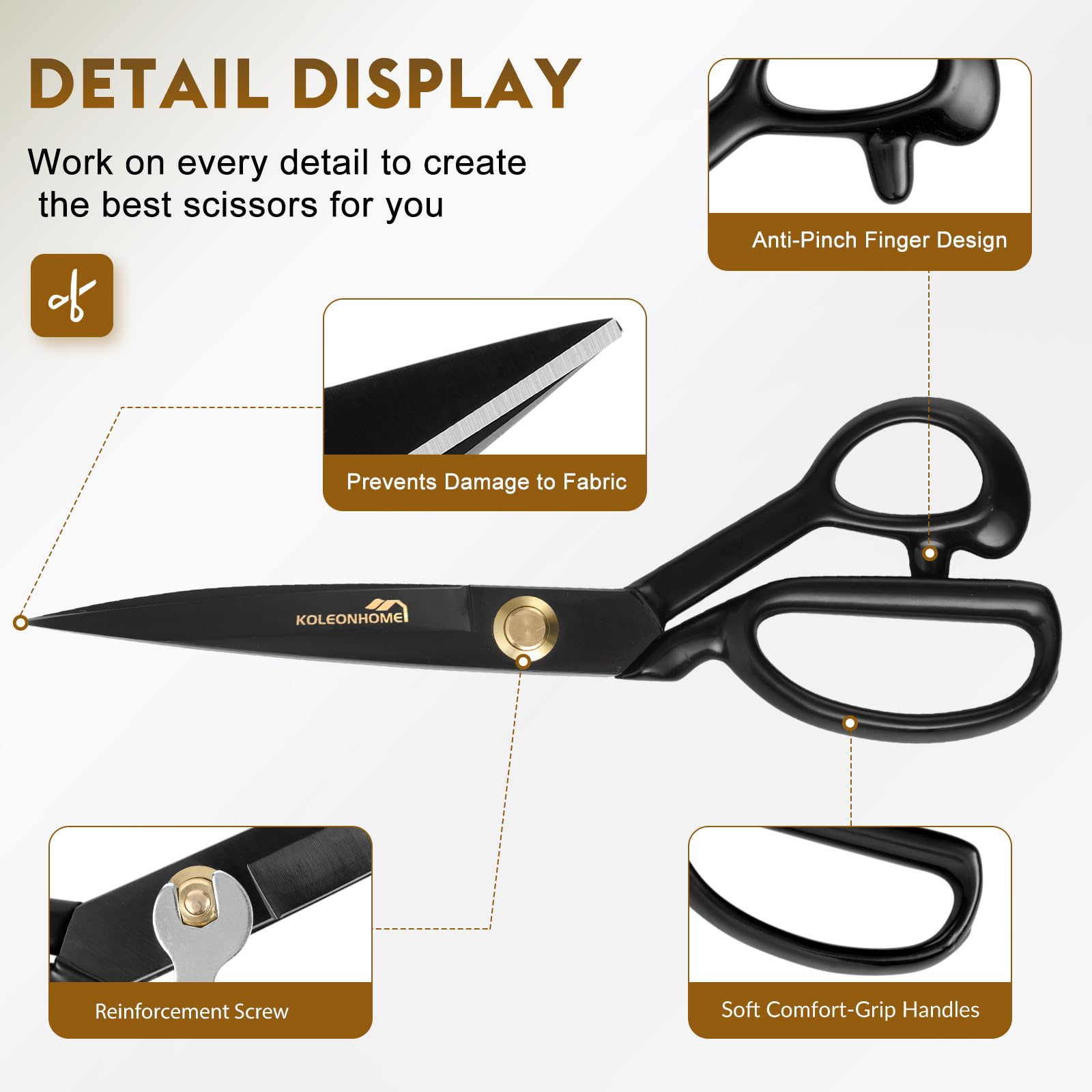 10 Inch Fabric Scissors, KOLEONHOME, Heady Duty Tailor Scissors, Multipurpose Sharp Sewing Scissors, Cloth Scissors for Home Office Artists Fabric Cutting