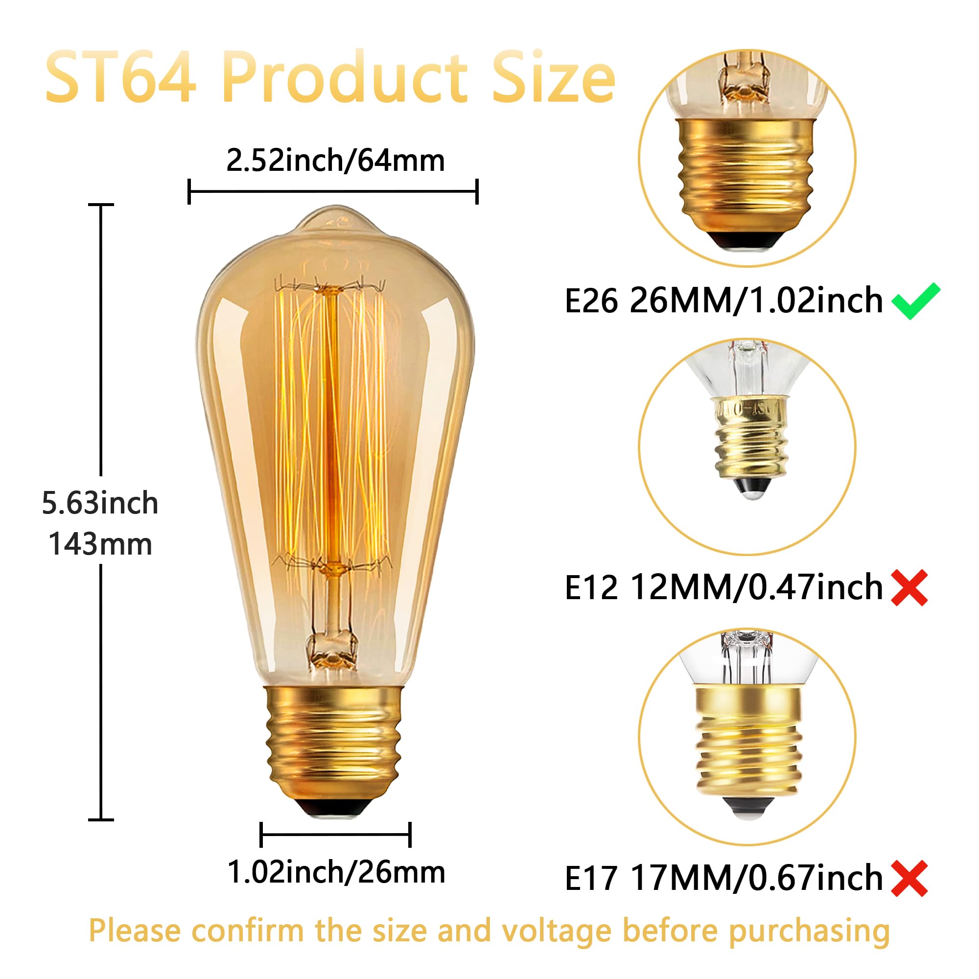 Sevici Edison Bulb, 6 Packs, ST64 60W 120V Edison Bulb Retro Incandescent Bulb, E26/E27 Base, 2200K Amber Warm Yellow Base, Dimmable, Retro Glass Bulb, Suitable for Outdoor and Indoor